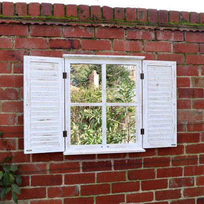 Melody Maison Distressed Ivory Shutter Style Garden Wall Mounted Mirror ...