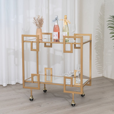 Melody Maison Large Gold Art Deco Mirrored Drinks Trolley With Wheels ...