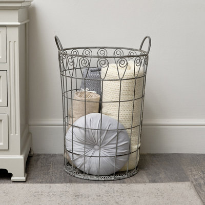 Melody Maison Large Ornate Rustic Grey Laundry Storage Basket - 61cm ...