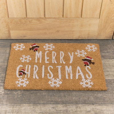 Melody Maison Merry Christmas Robin Detail PVC Backed Coir Doormat 60cm ...