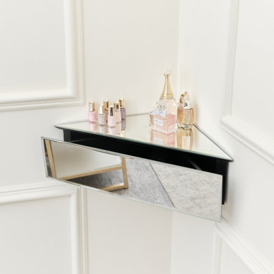 Melody Maison Mirrored Floating One Drawer Corner Shelf / Dressing Table