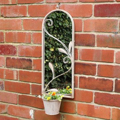 Melody Maison Outdoor Metal Stone Effect Mirror with Plant Pot