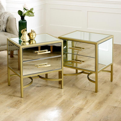 Melody Maison Pair of Gold Mirrored Bedside Occasional Tables Venus Range