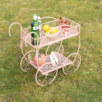 Melody Maison Pink Round Garden Bar Cart Drinks Trolley Style Plant Stand