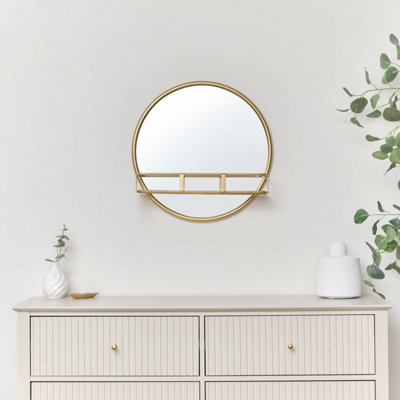 MELODY MAISON ROUND GOLD MIRROR WITH SHELF - 50CM X 50CM