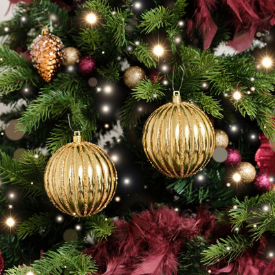 Melody Maison Set of 2 Gold Glitter Striped Reeded Hanging Bauble ...