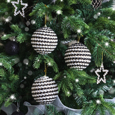 Melody Maison Set of 3 Large Round Black & White Stripe Rope Christmas ...