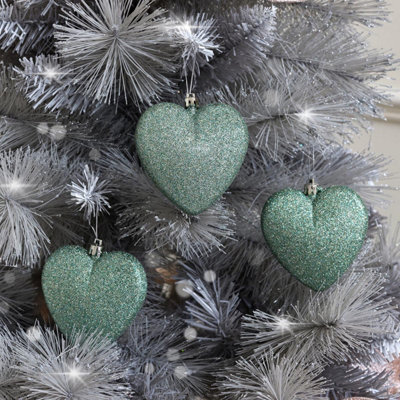 Melody Maison Set of 3 Sage Green Glitter Heart Baubles - 10cm | DIY at B&Q