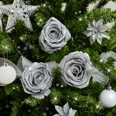 Melody Maison Set of 3 Silver Glitter Rose Pick Decorations