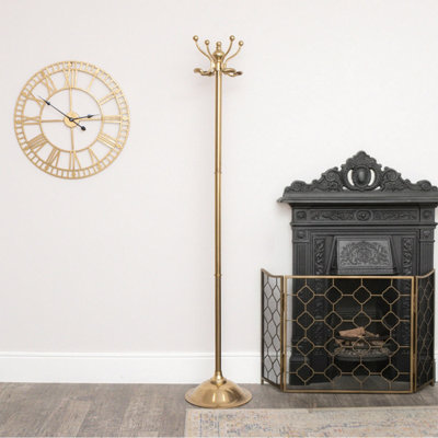 Melody Maison Tall Shiny Antique Gold Metal Coat Rack with 8 Storage Hooks