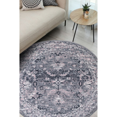 Melrose Colorama Traditional Grey/Pink Medium Indoor Round Area Rug 120 ...