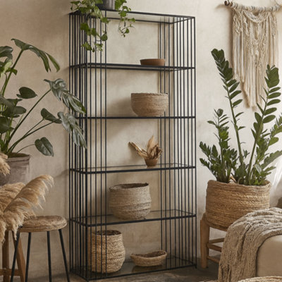 Memphis Minimalist Black Metal Tall Shelving Unit with Glass Shelves