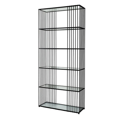 Memphis Minimalist Black Metal Tall Shelving Unit with Glass Shelves