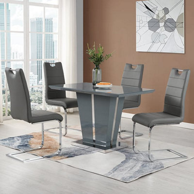 Memphis Small Grey Gloss Dining Table With 4 Petra Grey Chairs | DIY at B&Q