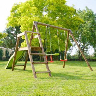 Menthe Double Wooden Swing Set with Slide | DIY at B&Q