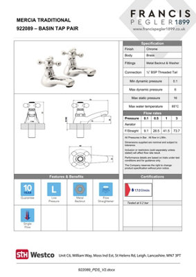 MERCIA Traditional Basin Tap Pair Chrome - Crosshead Handles, Solid ...