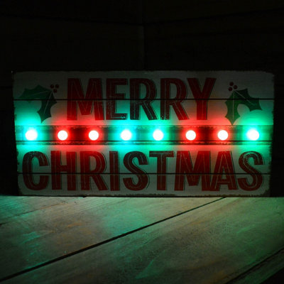 Merry Christmas Rustic Wooden Sign with Red & Green Flashing LED Lights ...