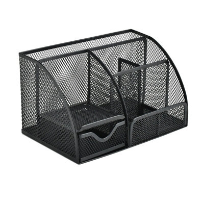 Mesh desk organiser with 6 storage compartments and 1 sliding drawer, black