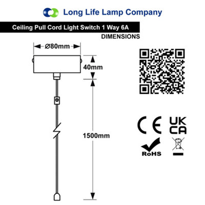 Metal Ceiling Pull Cord Light Switch 1 Way 6A Black Nickel PU04