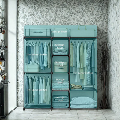 Metal Clothes Rail Open Wardrobe With Storage Shelves Black