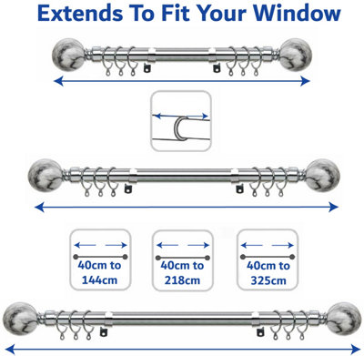 Metal Curtain Pole Set Extendable 40cm to 144cm Marble Chrome Curtain ...