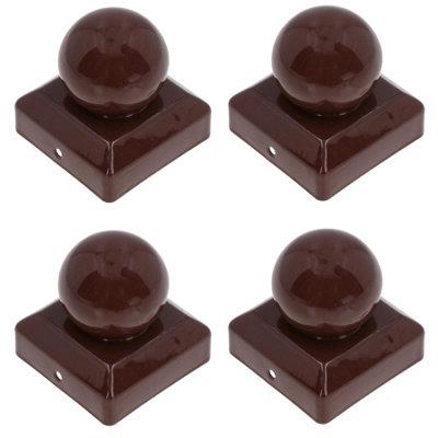 METAL FENCE POST CAP ROUND / BALL 75MM X 75MM PROTECTOR COVER BROWN 4PC