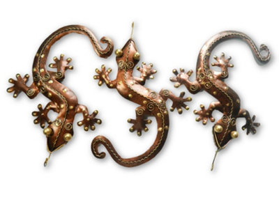 Metal Gecko Garden Ornament Wall Art Hanging - Set of 3 - Bronze