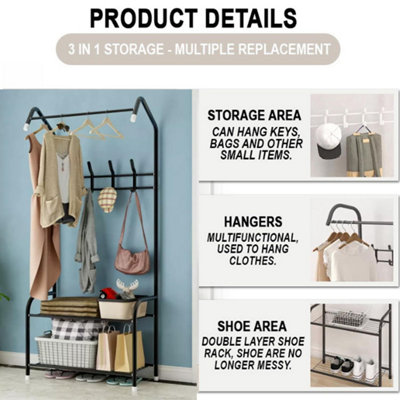 Metal Hat and Coat Rack 163cm Clothes Rail Shoe Rack Free Standing 4 Hooks