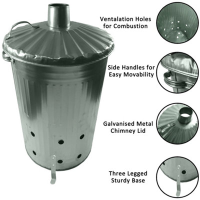 Metal Incinerator Leaf Wood Waste Burner Garden Rubbish Fire Bin Burner 90L