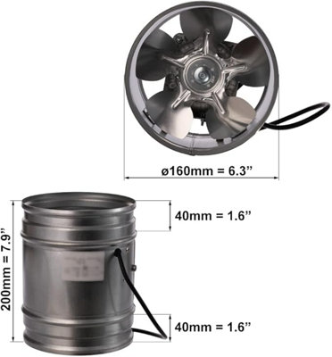 Metal Inline Extractor Fan 160mm / 6.30" with Fitting Bracket
