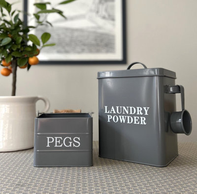 Metal Laundry Powder and Peg Tins In French Grey