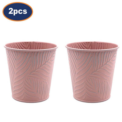 Metal Planters 2pc Pastel Pink 1.1L Embossed Leaf Plant Flower Decor ...