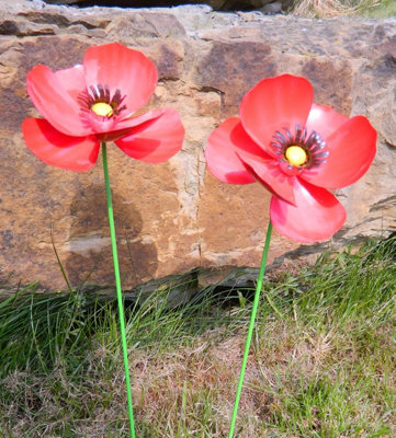 Metal Poppy Flower Decoration Garden Ornament 45cm - Set Of Two