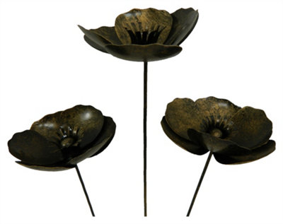 METAL POPPY FLOWER ORNAMENT ON 100CM STICK - SET OF 3 GOLD