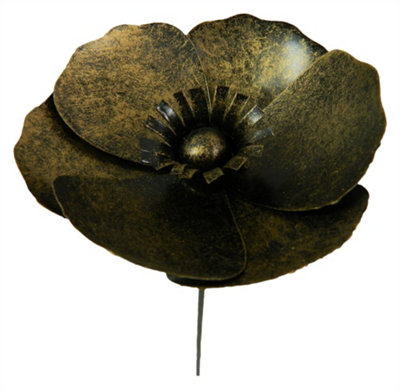METAL POPPY FLOWER ORNAMENT ON 100CM STICK - SET OF 3 GOLD