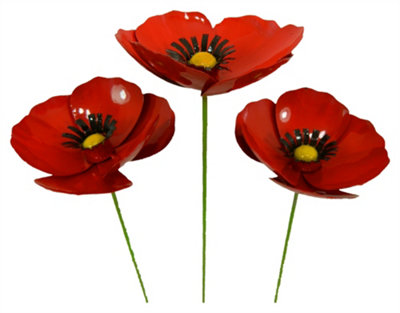 Metal Poppy Flower Ornament on 100cm Stick - Set of 3 Red