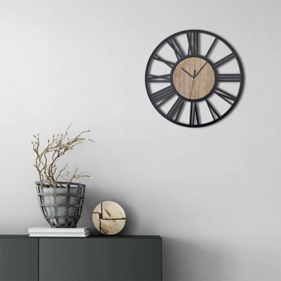 Metal Wood Decorative Wall Clock with Roman Numerals 40 cm