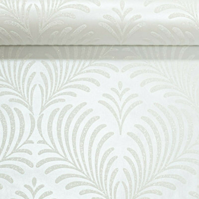 Metallic Ivory Cream Silver Gitter Feather Leaf Trail Rasch Feature ...