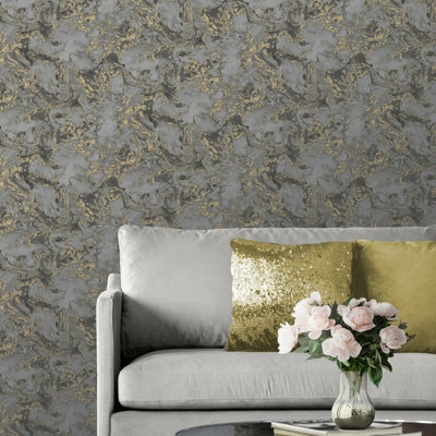 Metallic Ripple Liquid Marble Swirl Charcoal Grey Gold Shimmer ...