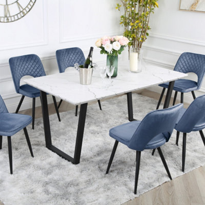 Metis Dining Set - Marble-Effect Table with 6 Dark Blue Velvet Chairs
