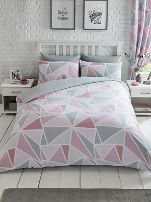 Metro Geometric Triangle Double Duvet Cover Set Pink Grey