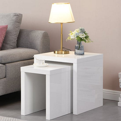 Metro Square High Gloss Set Of 2 Nesting Tables In White | DIY at B&Q