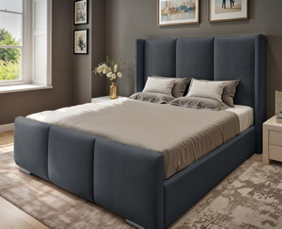 Miami Wingback Steel Plush Valvet Upholstered Bed Frame - Slatted Base ...