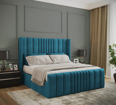 Miami Winged Plush Velvet Sleigh Bed, with Ortho Mattress & Footboard ...