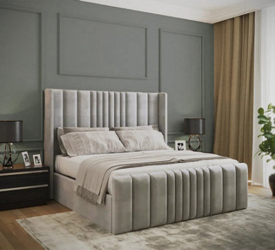 Miami Winged Plush Velvet Sleigh Bed, with Ortho Mattress & Footboard ...