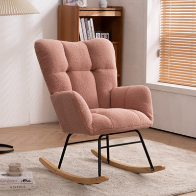 Mid Century Modern Pink Teddy Fabric Rocking Chair - Tufted Upholstered ...