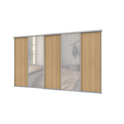 Mid Oak & Mirror 5-Door Sliding Wardrobe Door Kit, Silver Frame ...