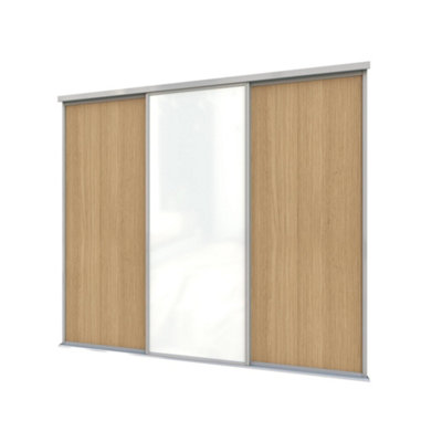 Mid Oak & White Glass 3-Door Sliding Wardrobe Door Kit, Silver Frame ...