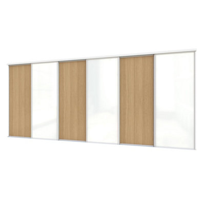 Mid Oak & White Glass 6-Door Sliding Wardrobe Door Kit, White Frame ...