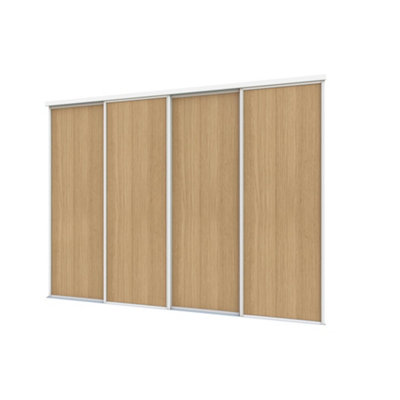 Mid Oak Wood 4-Door Sliding Wardrobe Door Kit, White Frame & Tracks ...